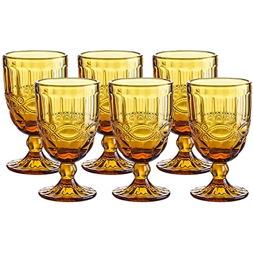 Whole Houseware | Colored Amber Drinking Glasses | Amber Glassware |Pressed Pattern Wine Amber Glass Goblet with Stem for Wedding | Set of 6 | 8.7 Ounce (Amber)