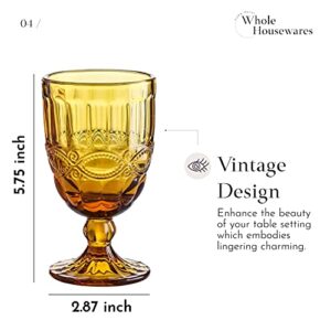 Whole Houseware | Colored Amber Drinking Glasses | Amber Glassware |Pressed Pattern Wine Amber Glass Goblet with Stem for Wedding | Set of 6 | 8.7 Ounce (Amber)