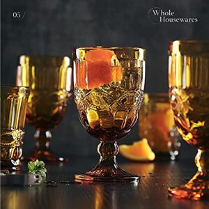 Whole Houseware | Colored Amber Drinking Glasses | Amber Glassware |Pressed Pattern Wine Amber Glass Goblet with Stem for Wedding | Set of 6 | 8.7 Ounce (Amber)