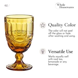 Whole Houseware | Colored Amber Drinking Glasses | Amber Glassware |Pressed Pattern Wine Amber Glass Goblet with Stem for Wedding | Set of 6 | 8.7 Ounce (Amber)