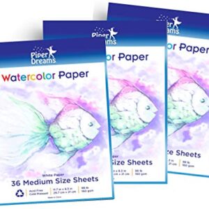 3 Pack - Total of 108 Sheets of Watercolor Paper (11.7" x 8.3") - Heavy Stock (98lb), Loose White Sheets. Perfect for Kids, Students & Adults