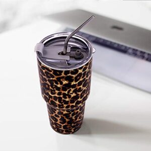 30 oz. Tumbler Double Wall Stainless Steel Vacuum Insulation Travel Mug with Crystal Clear Lid and Straw, Water Coffee Cup for Home,Office,School, Ice Drink, Hot Beverage,Leopard