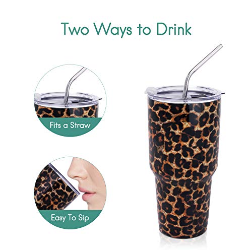 30 oz. Tumbler Double Wall Stainless Steel Vacuum Insulation Travel Mug with Crystal Clear Lid and Straw, Water Coffee Cup for Home,Office,School, Ice Drink, Hot Beverage,Leopard