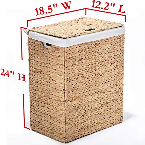 Seville Classics Premium Hand Woven Portable Laundry Bin Basket with Built-in Handles, Household Storage for Clothes, Linens, Sheets, Toys, Water Hyacinth, Rectangular Hamper