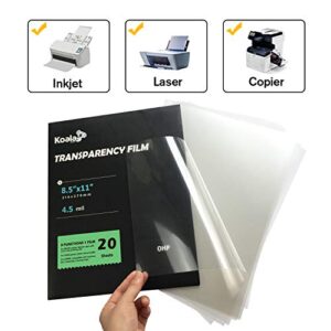 KOALA Transparency Film for Inkjet/Laser Jet Printers - 8.5 x 11 Inch 20 Sheets Printable Transparency Paper for OHP Film Overhead Projector Film or Craft Projects