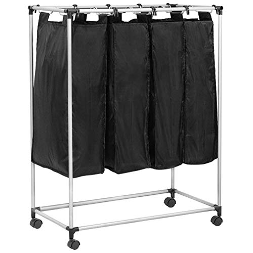 4 Laundry Sorter with Baskets Large Laundry Hamper Sorter Canvas Rolling Laundry Sorter Cart with Wheels 4-Bag Heavy Duty Removable Bags Brake Casters Organizer for Laundry Room Silver Plating,Black