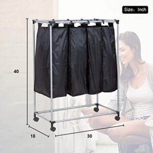 4 Laundry Sorter with Baskets Large Laundry Hamper Sorter Canvas Rolling Laundry Sorter Cart with Wheels 4-Bag Heavy Duty Removable Bags Brake Casters Organizer for Laundry Room Silver Plating,Black