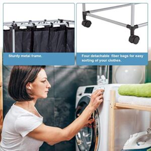 4 Laundry Sorter with Baskets Large Laundry Hamper Sorter Canvas Rolling Laundry Sorter Cart with Wheels 4-Bag Heavy Duty Removable Bags Brake Casters Organizer for Laundry Room Silver Plating,Black