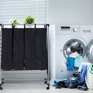 4 Laundry Sorter with Baskets Large Laundry Hamper Sorter Canvas Rolling Laundry Sorter Cart with Wheels 4-Bag Heavy Duty Removable Bags Brake Casters Organizer for Laundry Room Silver Plating,Black