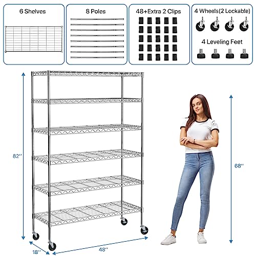 Meet perfect Adjustable Storage Shelves 6 Tier Wire Shelving Unit and Storage, 2100lbs Capacity Metal Shelving Heavy Duty Garage Shelves Storage Rack, 48" D x 18" W x 82" H, Chrome