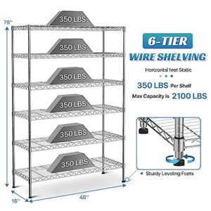 Meet perfect Adjustable Storage Shelves 6 Tier Wire Shelving Unit and Storage, 2100lbs Capacity Metal Shelving Heavy Duty Garage Shelves Storage Rack, 48" D x 18" W x 82" H, Chrome