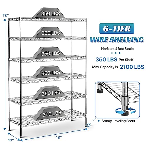 Meet perfect Adjustable Storage Shelves 6 Tier Wire Shelving Unit and Storage, 2100lbs Capacity Metal Shelving Heavy Duty Garage Shelves Storage Rack, 48" D x 18" W x 82" H, Chrome