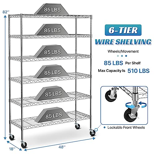 Meet perfect Adjustable Storage Shelves 6 Tier Wire Shelving Unit and Storage, 2100lbs Capacity Metal Shelving Heavy Duty Garage Shelves Storage Rack, 48" D x 18" W x 82" H, Chrome