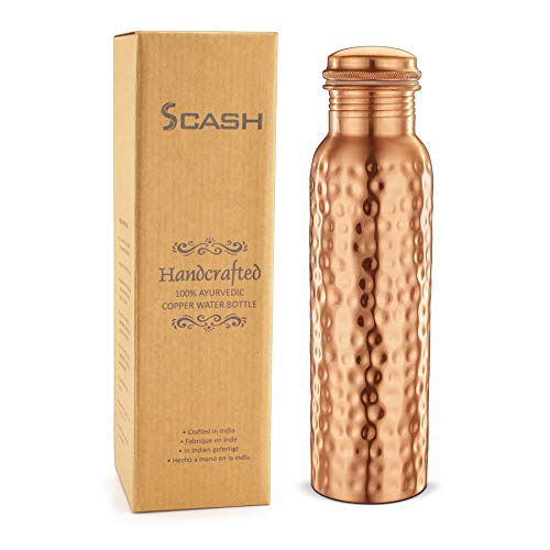 Scash Made in India 30 Oz. Handmade Handcrafted 100% Pure Copper Water Bottle Vessel Hammered Finish Leak Proof Gift Set Box Ayurveda Health Benefits