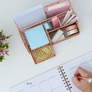 rosework Rose Gold Desk Organizer for Women, Mesh Office Supplies Desk Accessories, Features 5 Compartments + 1 Mini Sliding Drawer