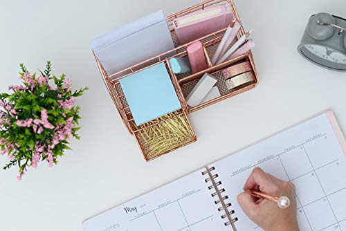 rosework Rose Gold Desk Organizer for Women, Mesh Office Supplies Desk Accessories, Features 5 Compartments + 1 Mini Sliding Drawer