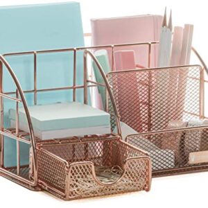 rosework Rose Gold Desk Organizer for Women, Mesh Office Supplies Desk Accessories, Features 5 Compartments + 1 Mini Sliding Drawer