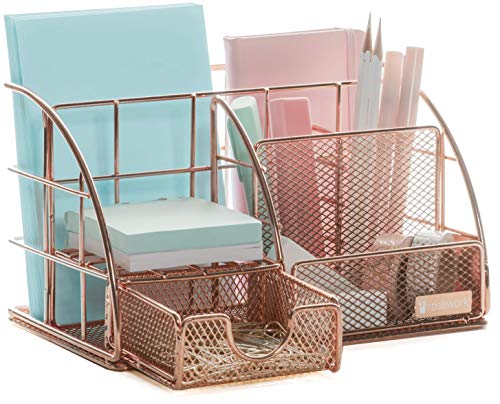 rosework Rose Gold Desk Organizer for Women, Mesh Office Supplies Desk Accessories, Features 5 Compartments + 1 Mini Sliding Drawer