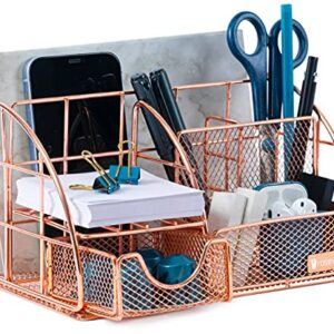 rosework Rose Gold Desk Organizer for Women, Mesh Office Supplies Desk Accessories, Features 5 Compartments + 1 Mini Sliding Drawer