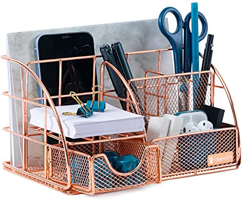 rosework Rose Gold Desk Organizer for Women, Mesh Office Supplies Desk Accessories, Features 5 Compartments + 1 Mini Sliding Drawer