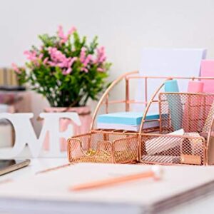 rosework Rose Gold Desk Organizer for Women, Mesh Office Supplies Desk Accessories, Features 5 Compartments + 1 Mini Sliding Drawer