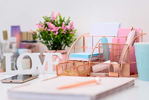 rosework Rose Gold Desk Organizer for Women, Mesh Office Supplies Desk Accessories, Features 5 Compartments + 1 Mini Sliding Drawer