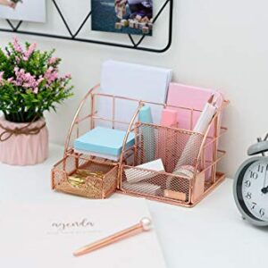 rosework Rose Gold Desk Organizer for Women, Mesh Office Supplies Desk Accessories, Features 5 Compartments + 1 Mini Sliding Drawer