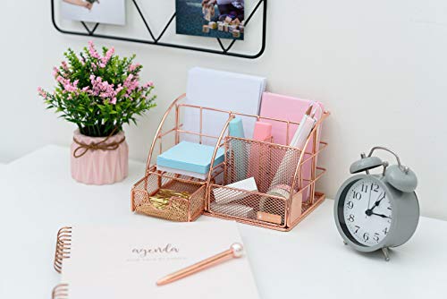 rosework Rose Gold Desk Organizer for Women, Mesh Office Supplies Desk Accessories, Features 5 Compartments + 1 Mini Sliding Drawer