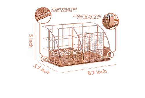 rosework Rose Gold Desk Organizer for Women, Mesh Office Supplies Desk Accessories, Features 5 Compartments + 1 Mini Sliding Drawer