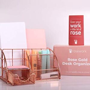 rosework Rose Gold Desk Organizer for Women, Mesh Office Supplies Desk Accessories, Features 5 Compartments + 1 Mini Sliding Drawer