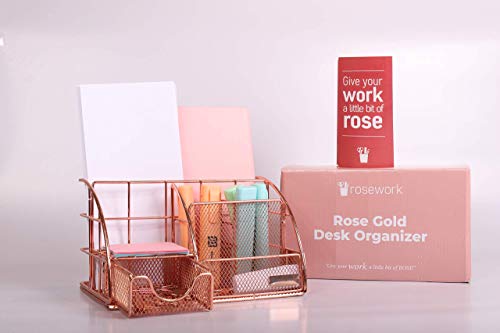 rosework Rose Gold Desk Organizer for Women, Mesh Office Supplies Desk Accessories, Features 5 Compartments + 1 Mini Sliding Drawer