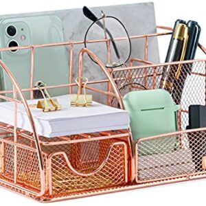 rosework Rose Gold Desk Organizer for Women, Mesh Office Supplies Desk Accessories, Features 5 Compartments + 1 Mini Sliding Drawer