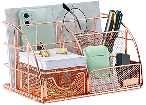 rosework Rose Gold Desk Organizer for Women, Mesh Office Supplies Desk Accessories, Features 5 Compartments + 1 Mini Sliding Drawer