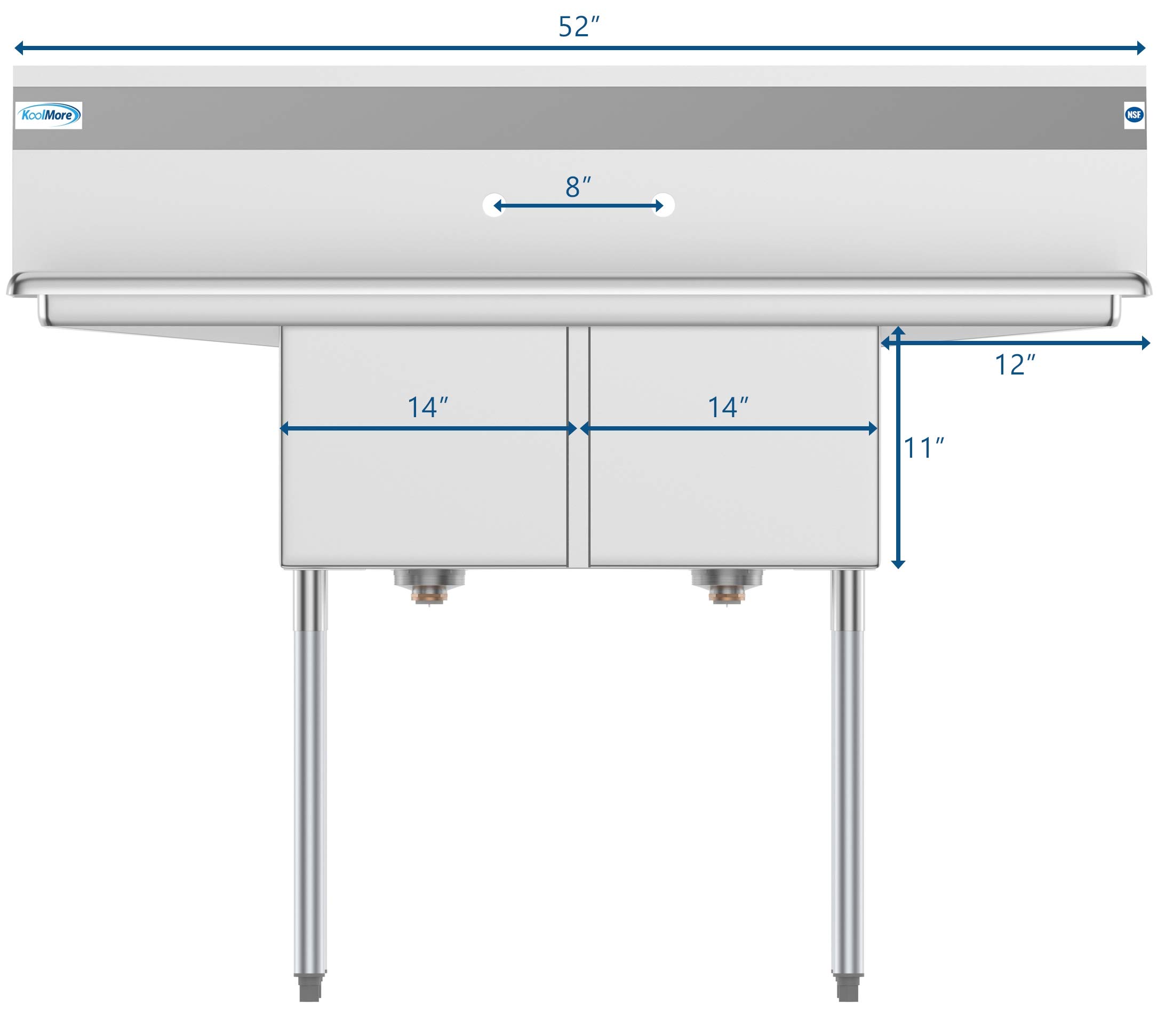 KoolMore - SB141611-12B3 2 Compartment Stainless Steel NSF Commercial Kitchen Prep & Utility Sink with 2 Drainboards - Bowl Size 14" x 16" x 11", Silver