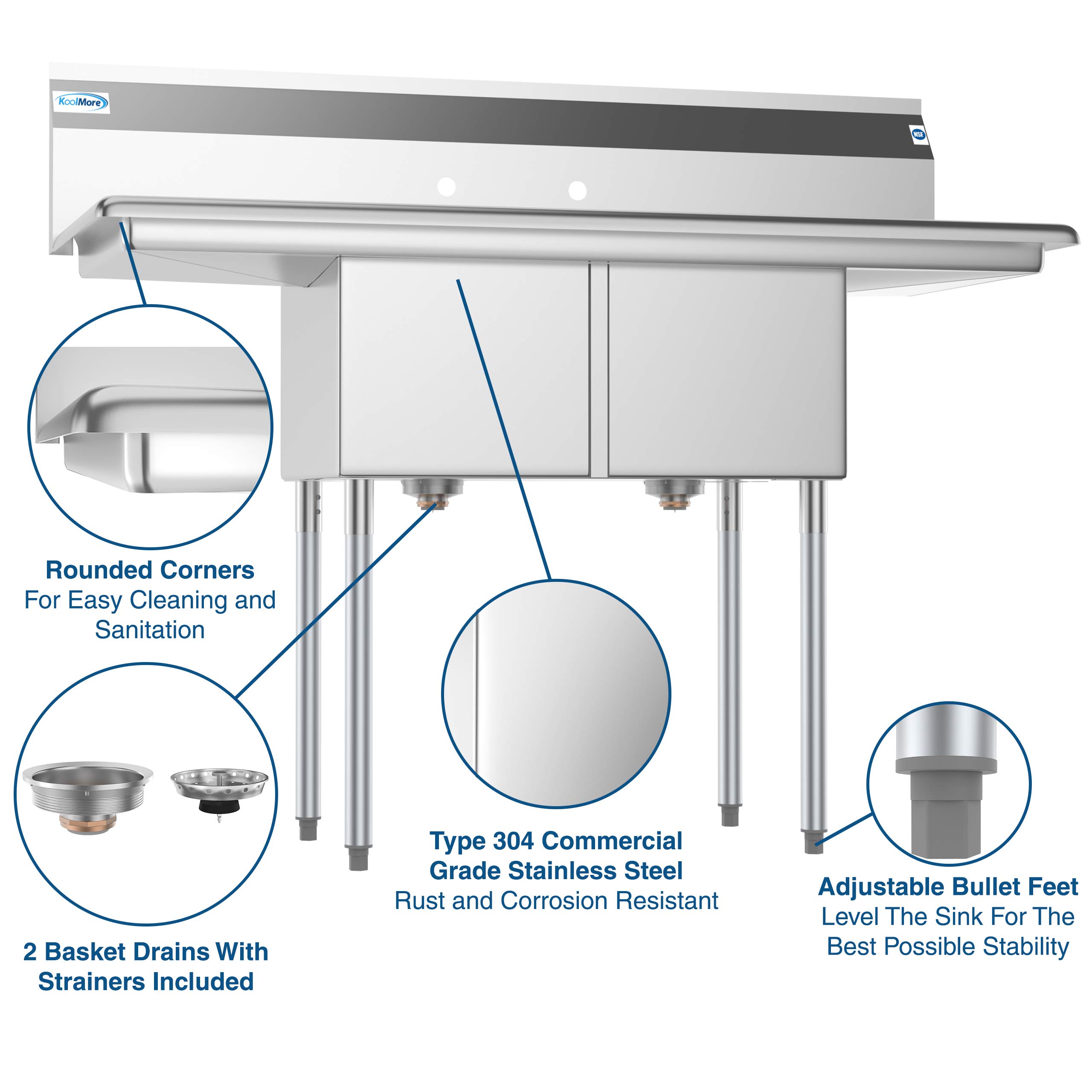 KoolMore - SB141611-12B3 2 Compartment Stainless Steel NSF Commercial Kitchen Prep & Utility Sink with 2 Drainboards - Bowl Size 14" x 16" x 11", Silver