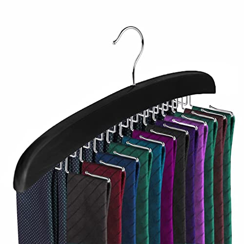 SunTrade Wooden Tie Hanger,24 Tie Organizer Rack Hanger Holder Hook (Black, 24 Hooks)