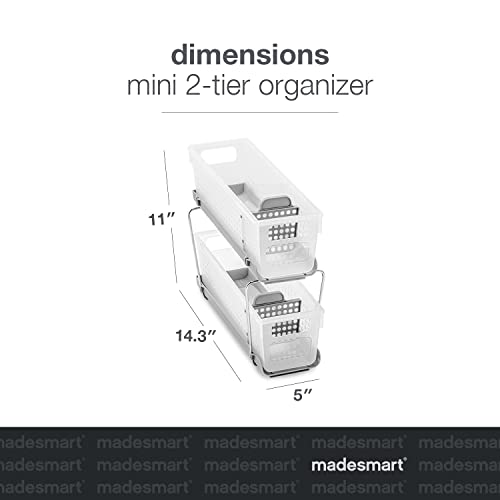 Madesmart 2-Tier Plastic Mini Multipurpose Organizer with Divided Slide-Out Storage Bins, Compact Under Sink and Cabinet Organizer Rack, Frost