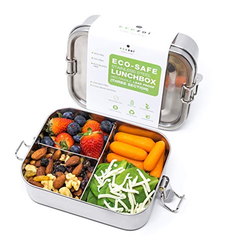 ecozoi Stainless Steel Lunch Box, Leak Proof Metal Bento Box with 3 Compartments, 35 Oz Bento Box, BPA Free Meal Prep Food Container | Bonus 50 ml Sauce Container