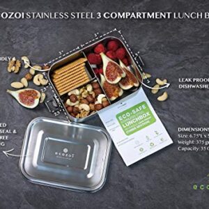 ecozoi Stainless Steel Lunch Box, Leak Proof Metal Bento Box with 3 Compartments, 35 Oz Bento Box, BPA Free Meal Prep Food Container | Bonus 50 ml Sauce Container