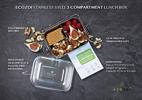 ecozoi Stainless Steel Lunch Box, Leak Proof Metal Bento Box with 3 Compartments, 35 Oz Bento Box, BPA Free Meal Prep Food Container | Bonus 50 ml Sauce Container