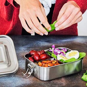 ecozoi Stainless Steel Lunch Box, Leak Proof Metal Bento Box with 3 Compartments, 35 Oz Bento Box, BPA Free Meal Prep Food Container | Bonus 50 ml Sauce Container