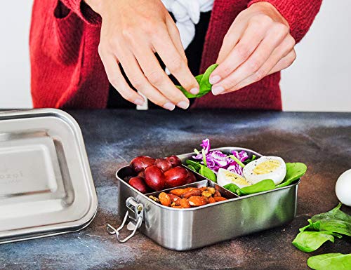 ecozoi Stainless Steel Lunch Box, Leak Proof Metal Bento Box with 3 Compartments, 35 Oz Bento Box, BPA Free Meal Prep Food Container | Bonus 50 ml Sauce Container