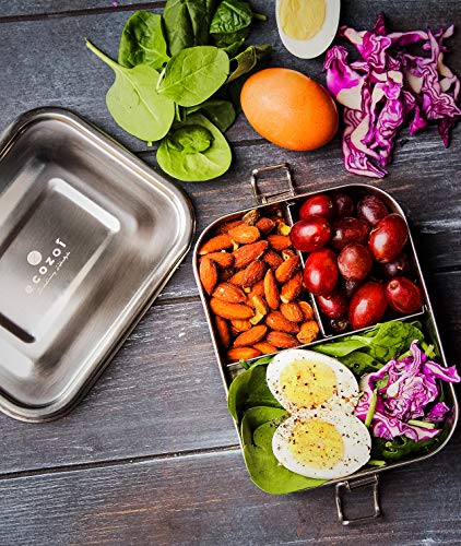 ecozoi Stainless Steel Lunch Box, Leak Proof Metal Bento Box with 3 Compartments, 35 Oz Bento Box, BPA Free Meal Prep Food Container | Bonus 50 ml Sauce Container