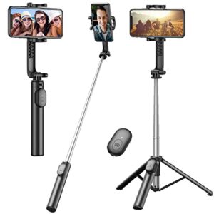 selfie stick, extendable selfie stick tripod with wireless remote, portable phone tripod stand for group selfie/live streaming/video recording compatible with all cellphone, compact size & lightweight