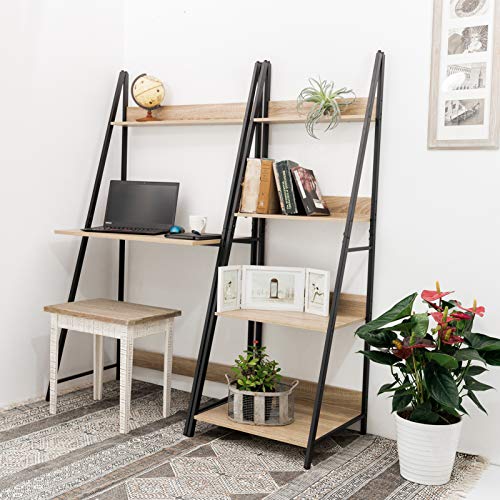 C-Hopetree Ladder Desk with Shelf - Student Study Table - Black Metal Frame