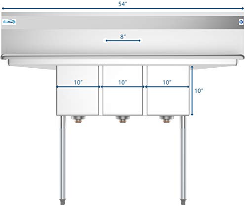 KoolMore - SC101410-12B3 3 Compartment Stainless Steel NSF Commercial Kitchen Sink with Right and Left Drainboards - Bowl Size 10" x 14" x 10", Silver