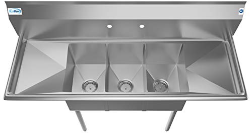 KoolMore - SC101410-12B3 3 Compartment Stainless Steel NSF Commercial Kitchen Sink with Right and Left Drainboards - Bowl Size 10" x 14" x 10", Silver