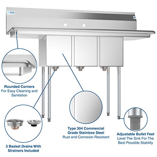 KoolMore - SC101410-12B3 3 Compartment Stainless Steel NSF Commercial Kitchen Sink with Right and Left Drainboards - Bowl Size 10" x 14" x 10", Silver