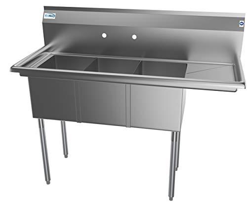 KoolMore - SC121610-12R3 3 Compartment Stainless Steel NSF Commercial Kitchen Sink with Drainboard - Bowl Size 12" x 16" x 10", Silver