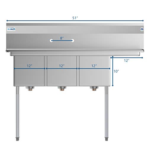 KoolMore - SC121610-12R3 3 Compartment Stainless Steel NSF Commercial Kitchen Sink with Drainboard - Bowl Size 12" x 16" x 10", Silver